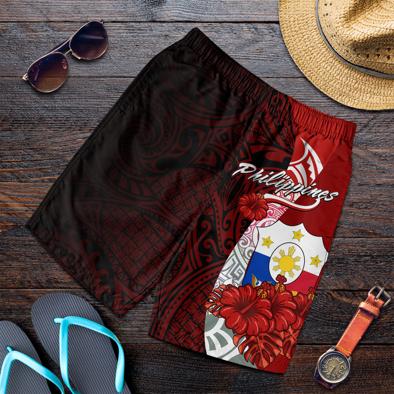 Philippines Polynesian Men Shorts Coat Of Arm With Hibiscus