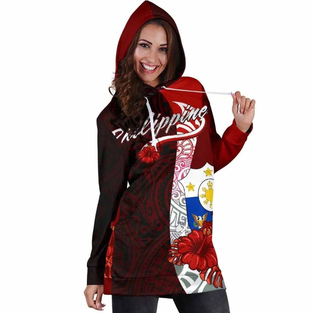 Philippines Polynesian Hoodie Dress Coat Of Arm With Hibiscus