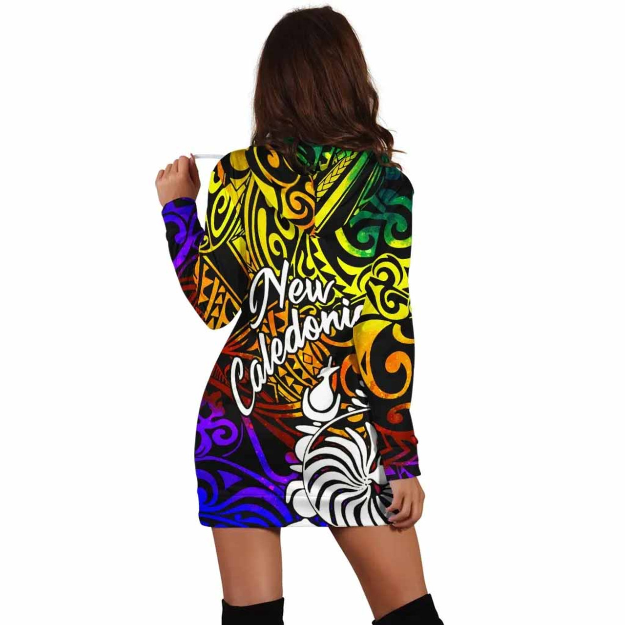 New Caledonia Custom Personalised Hoodie Dress Rainbow Polynesian Pattern