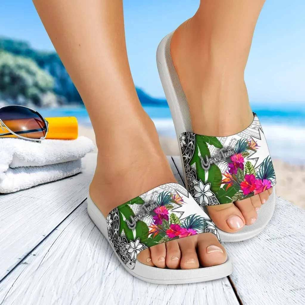 Nauru Custom Personalised Slide Sandals White Turtle Plumeria Banana Leaf