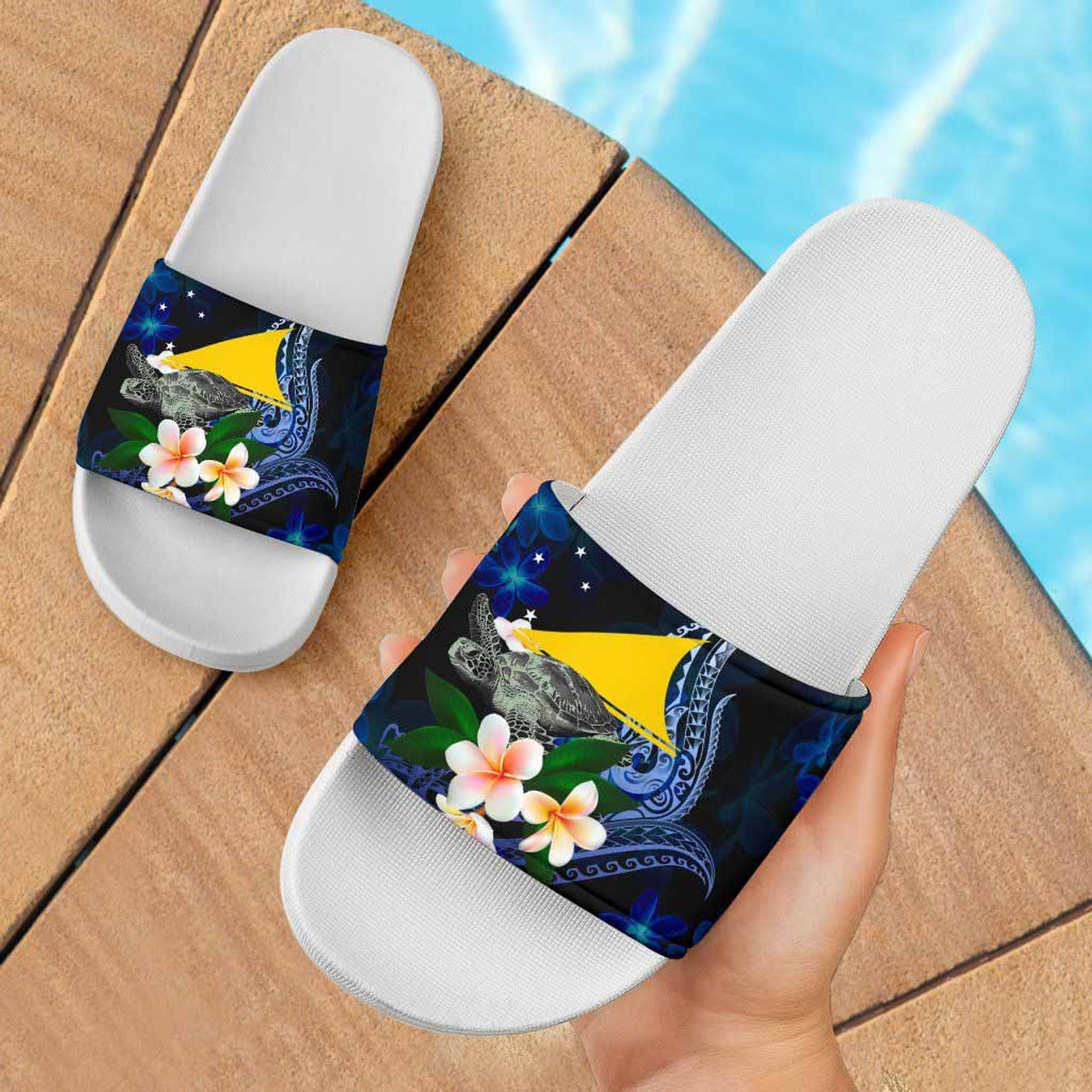 Tokelau Polynesian Slide Sandals Turtle With Plumeria Flowers