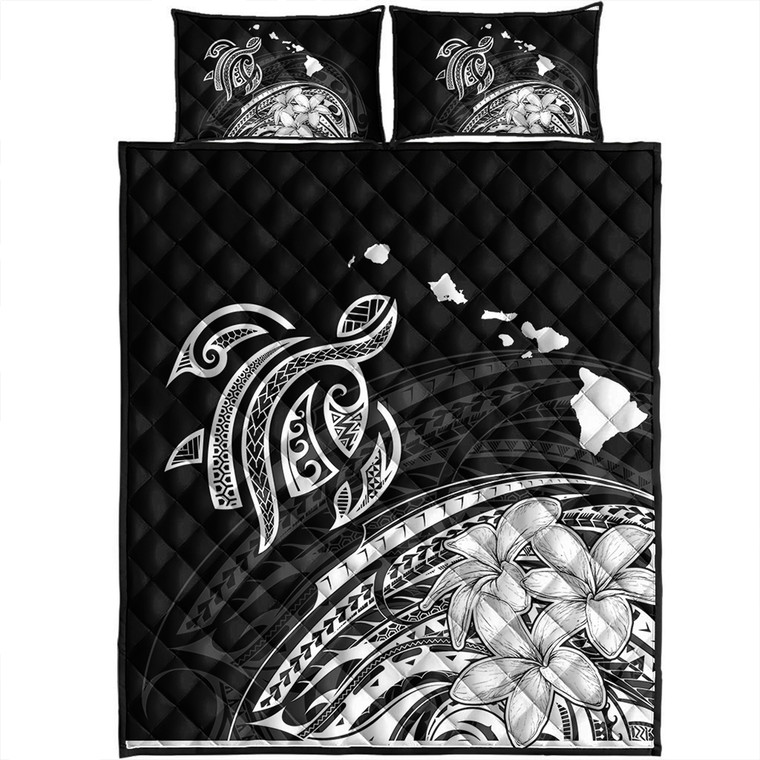 Hawaii Quilt Bed Set Turtle Polynesian Map Plumeria White