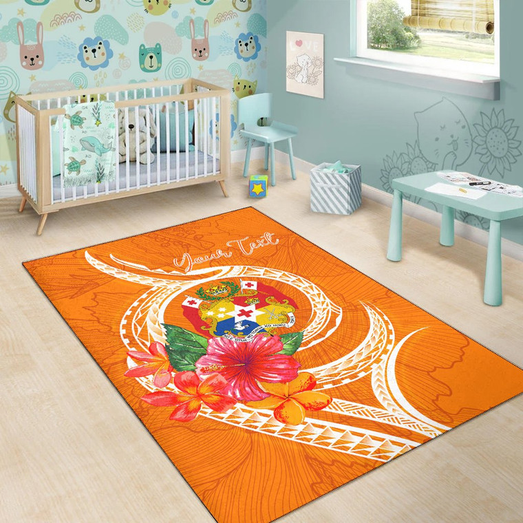 Tonga Polynesian Custom Personalised Area Rug Orange Floral With Seal