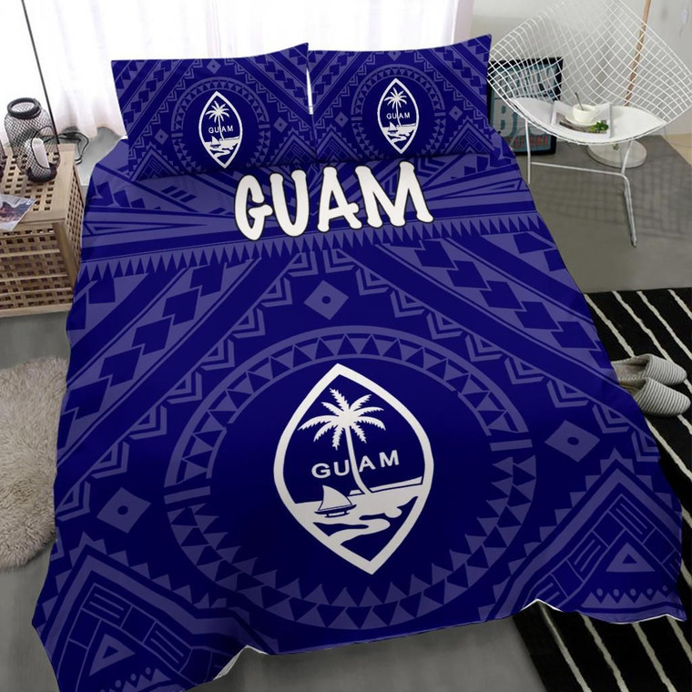 Guam Bedding Set Guam Seal With Polynesian Tattoo Style Blue