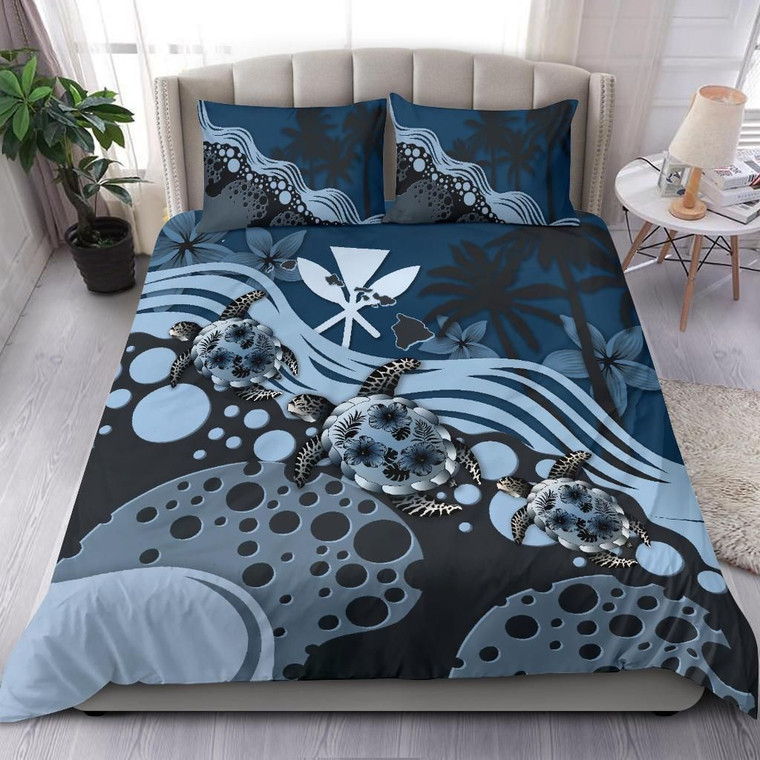 Polynesian Duvet Cover Set Hawaii Bedding Set Dark Blue Turtle Hibiscus