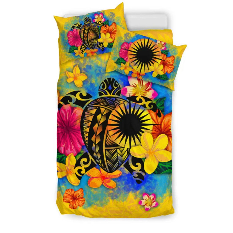 Marshall Islands Polynesian Bedding Set Turtle With Plumeria And Hibiscus
