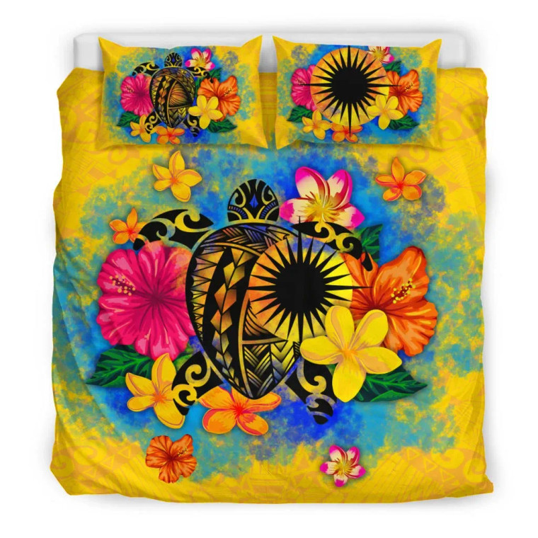 Marshall Islands Polynesian Bedding Set Turtle With Plumeria And Hibiscus