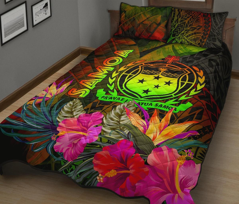 Samoa Polynesian Quilt Bed Set Hibiscus And Banana Leaves