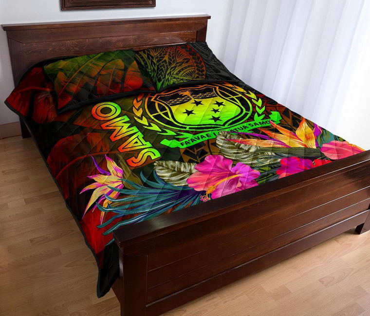 Samoa Polynesian Quilt Bed Set Hibiscus And Banana Leaves