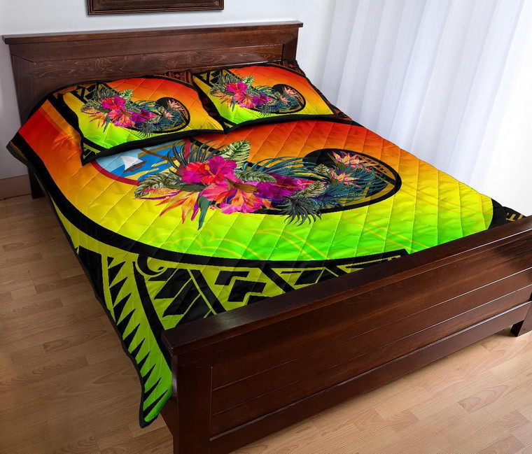 Guam Quilt Bed Set Polynesian Hook And Hibiscus Raggae