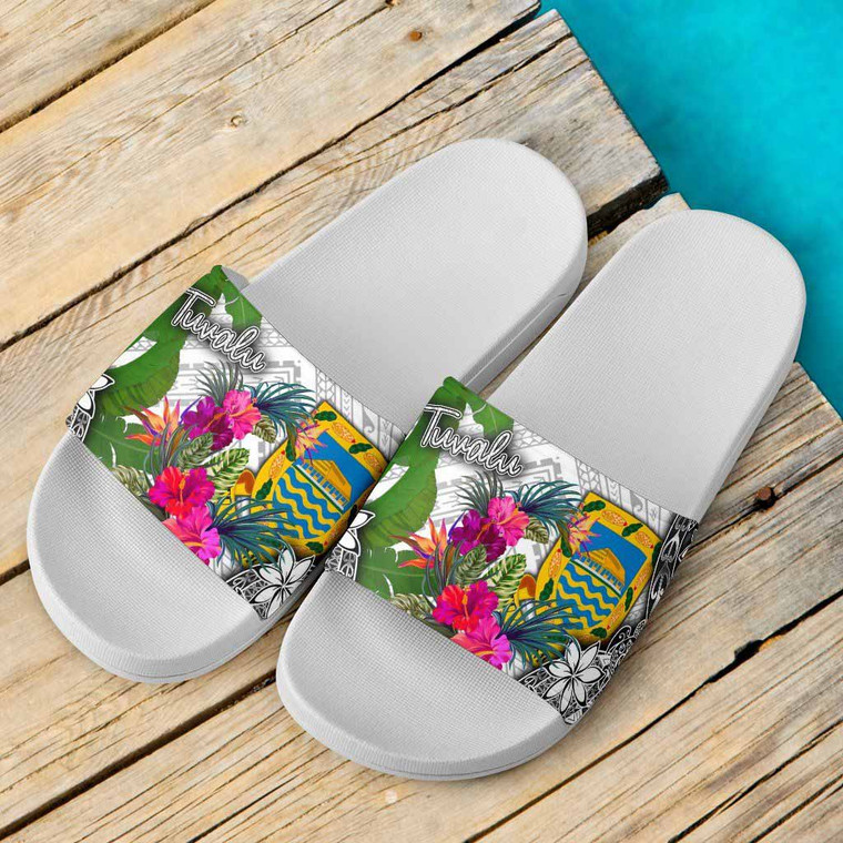Tuvalu Slide Sandals Turtle Plumeria Banana Leaf