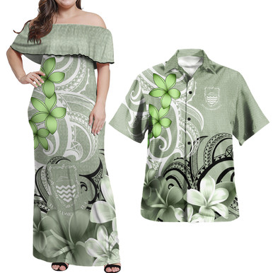 Tuvalu Polynesian Pattern Combo Dress And Shirt Floral Spirit Sage Green