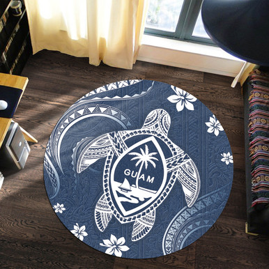 Guam Round Rug Turtle Polynesian Pattern Blue Ver