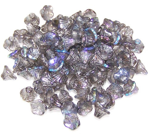25 Czech Glass 7x5mm Flower Cup Beads - Crystal Graphite Rainbow