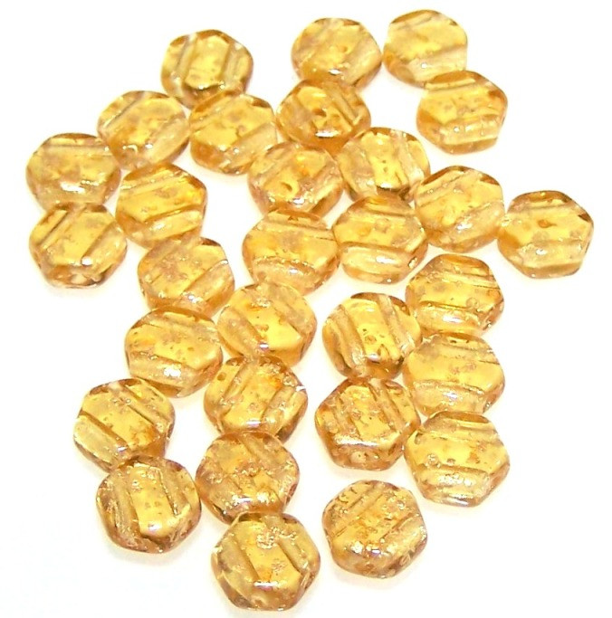30 Czech Glass 6mm Honeycomb Hex 2-Hole Beads - Gold Splash Topaz