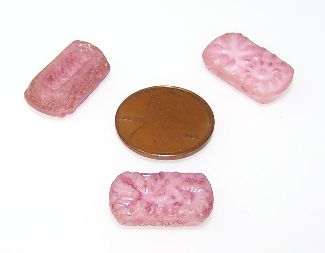 5 Czech Glass 10x18mm 2-Hole Rectangle Beads - Chalk Red Luster