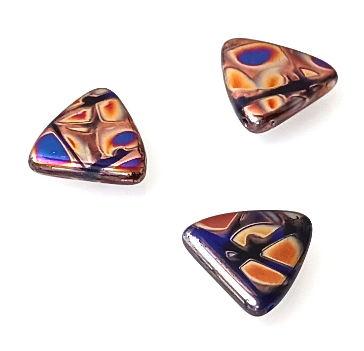 5 Czech Glass 17mm Triangle Beads - Multi-Color Cobalt Highlights