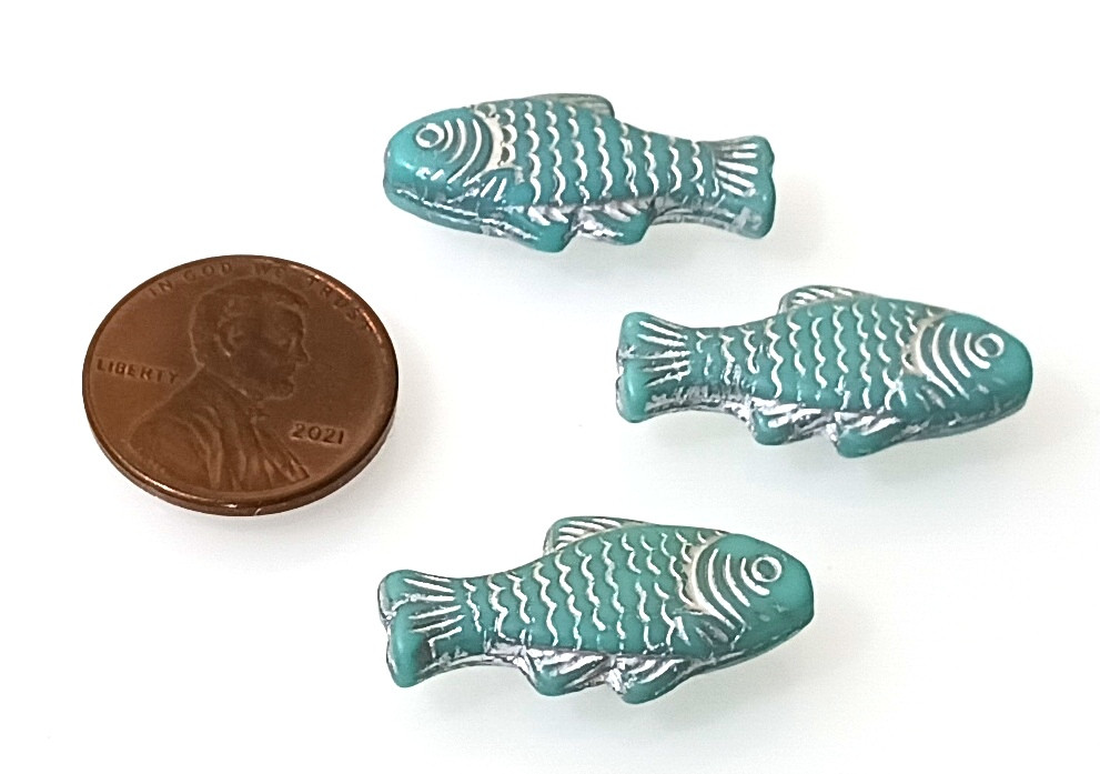 4 Czech Pressed Glass 25x12mm Fish Beads - Turquoise Green Silver Fire