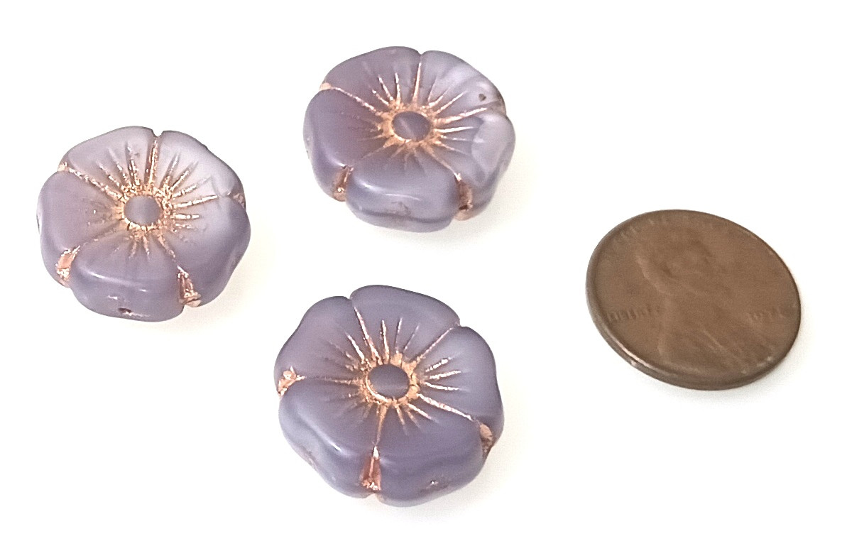 5 Czech Glass 20mm Hawaii Flower Beads - Opaque Purple Copper Inlay