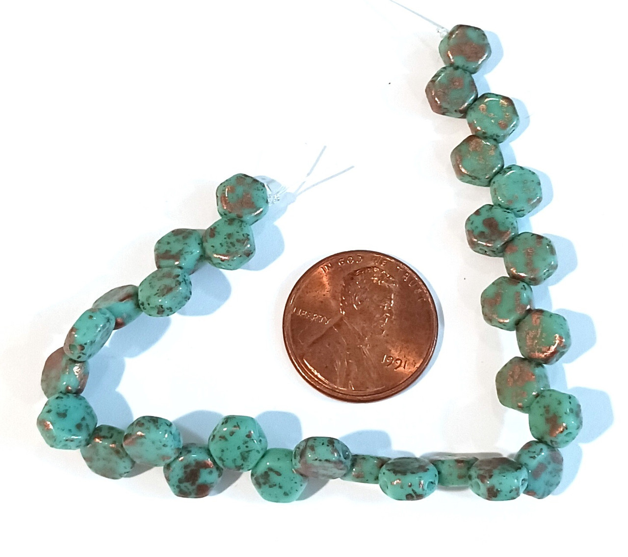 30 Czech Glass 6mm Honeycomb Hex 2-Hole Beads - Copper Splash Turquoise ...