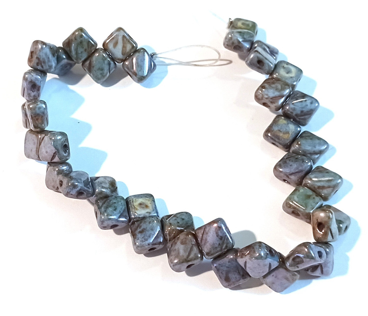40 Czech Glass Silky 2-Hole 6mm Beads - Chalk Travertine Blue