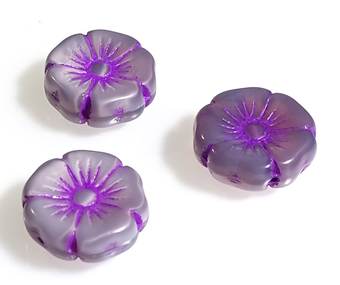 5 Czech Glass 20mm Hawaii Flower Beads - Opaque Purple and Purple Inlay