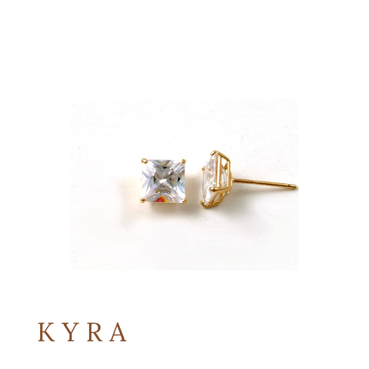 Solid 18K Gold Square CZ Ear Studs with Safety backs