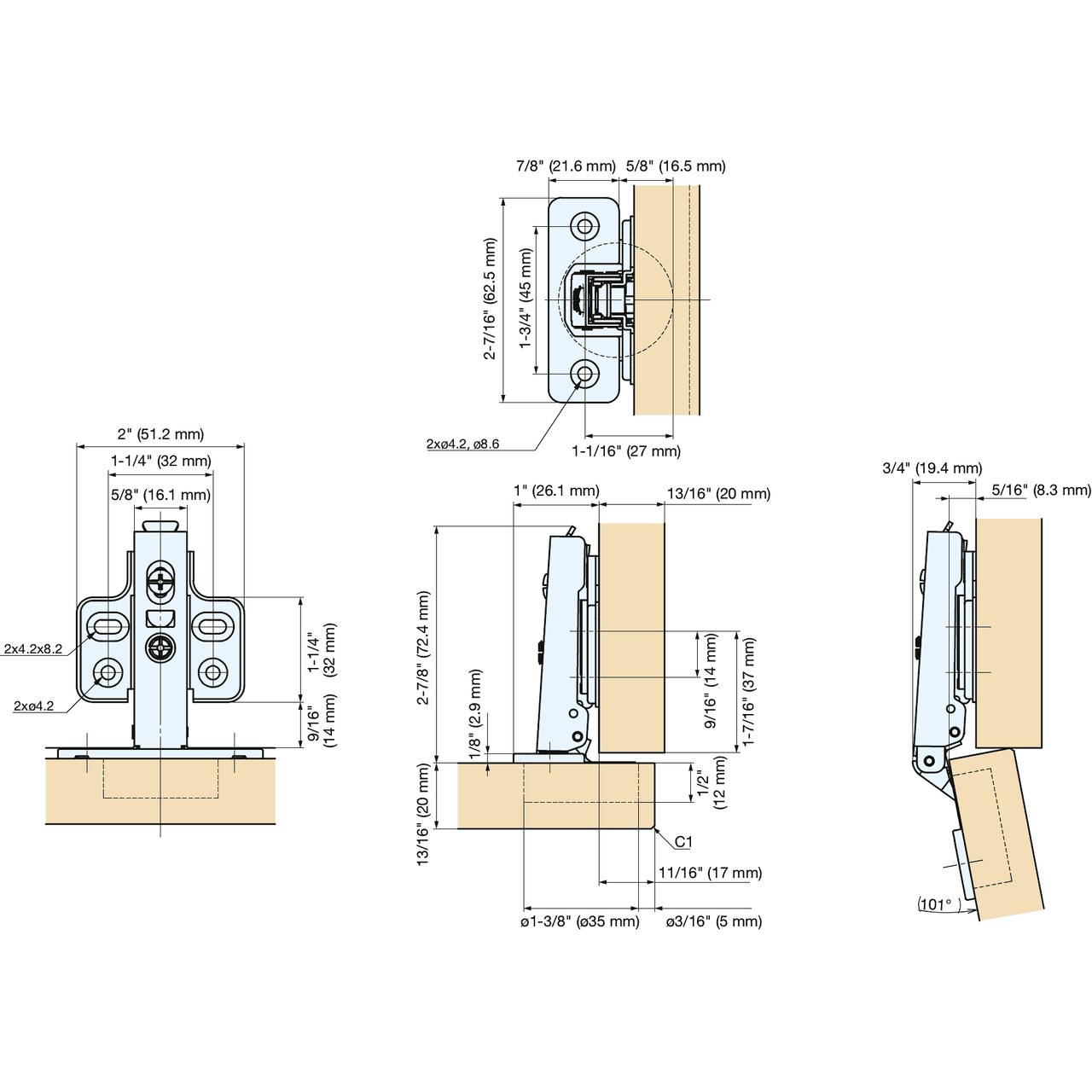 STAINLESS STEEL SELF-CLOSING EURO CUP HINGE - 180SUS-C46-19T