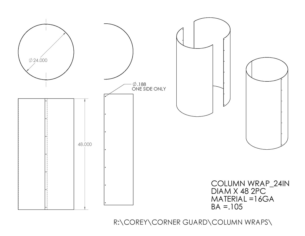 48in x 8in - 18ga, Round Stainless Steel Column Cover