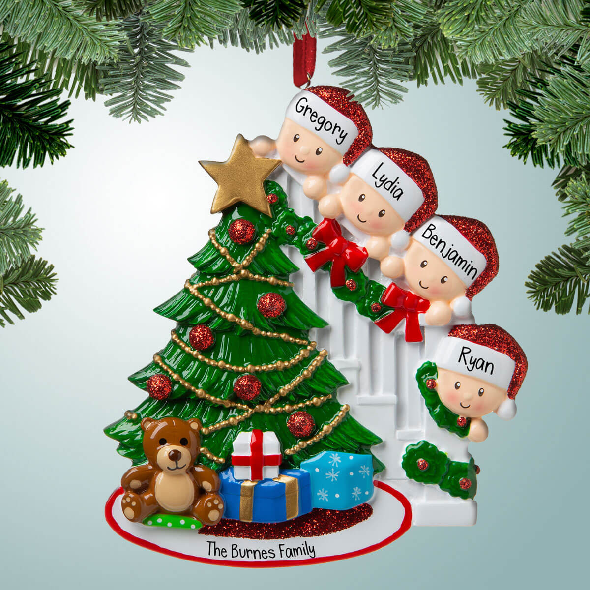 Personalized Peeking Around Tree Family - 4 Christmas Ornament