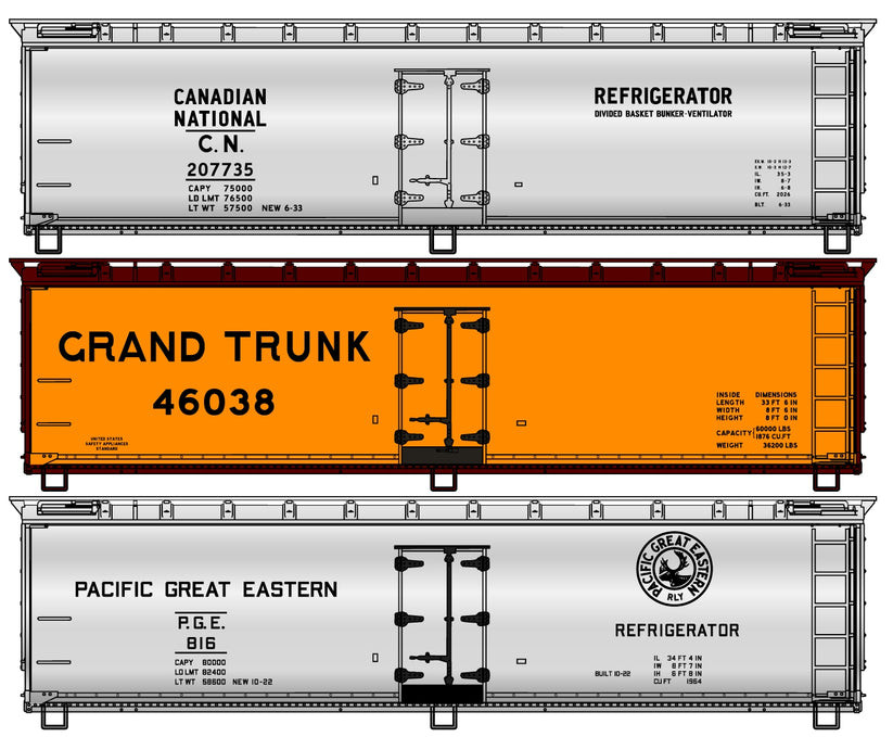 Accurail 8180 HO CN, GT, PGE 40' Wood Refrigerator Car 3-Car ...