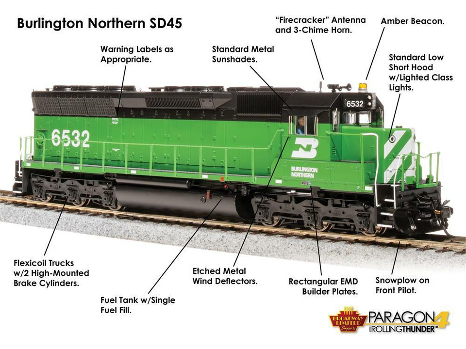 Broadway Limited 4284 HO Scale Burlington Northern EMD SD45 Green & Black #6532 - Crazy Model Trains