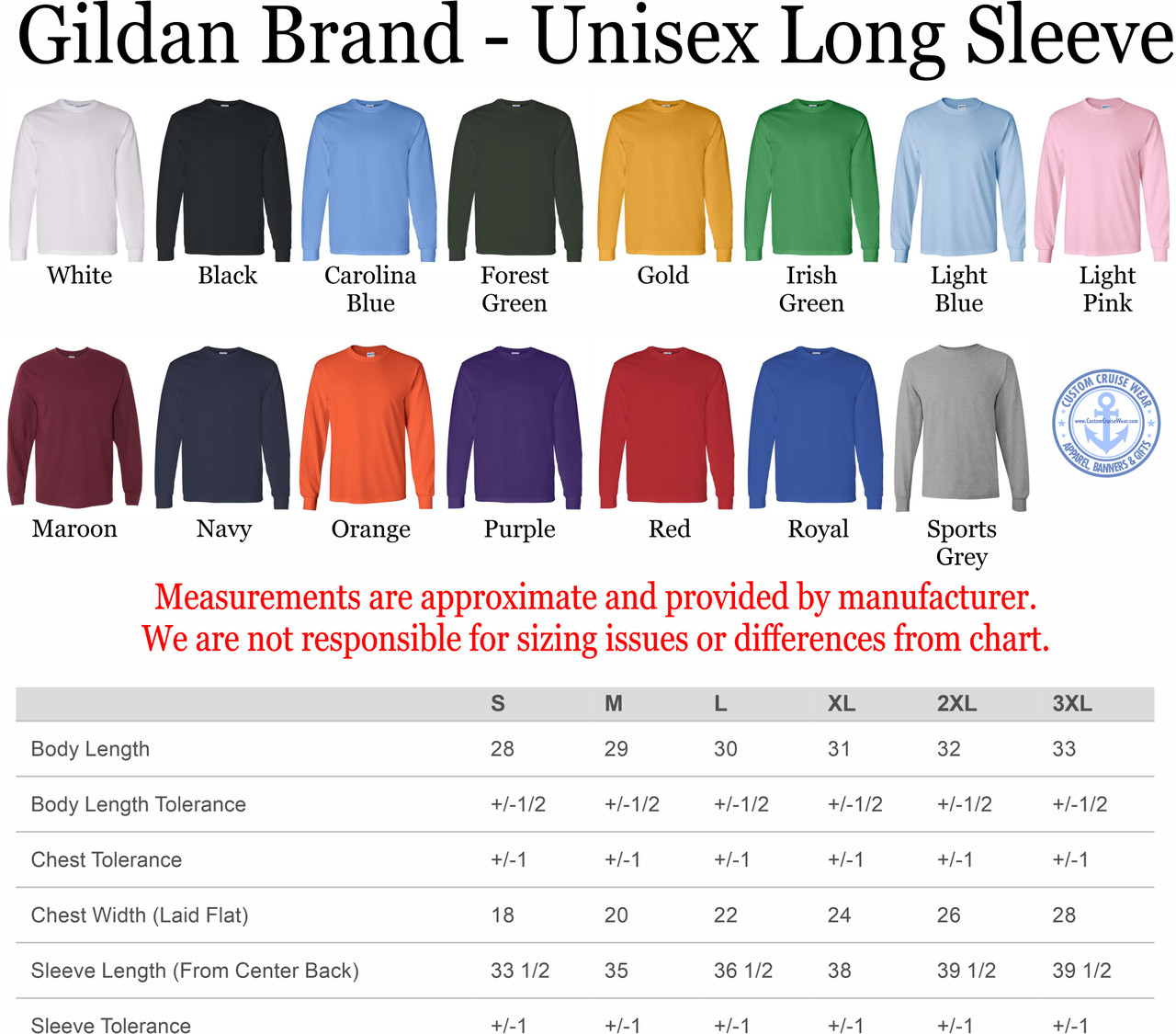Shirt Colors and Info - Custom Cruise Wear