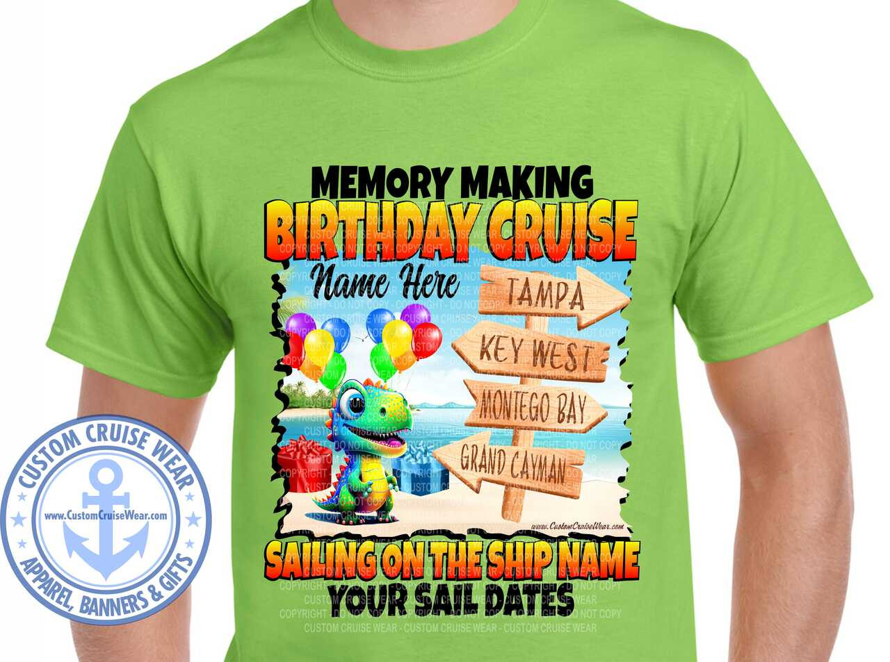 Birthday Dinosaur with Directional Signs - Custom Cruise Wear