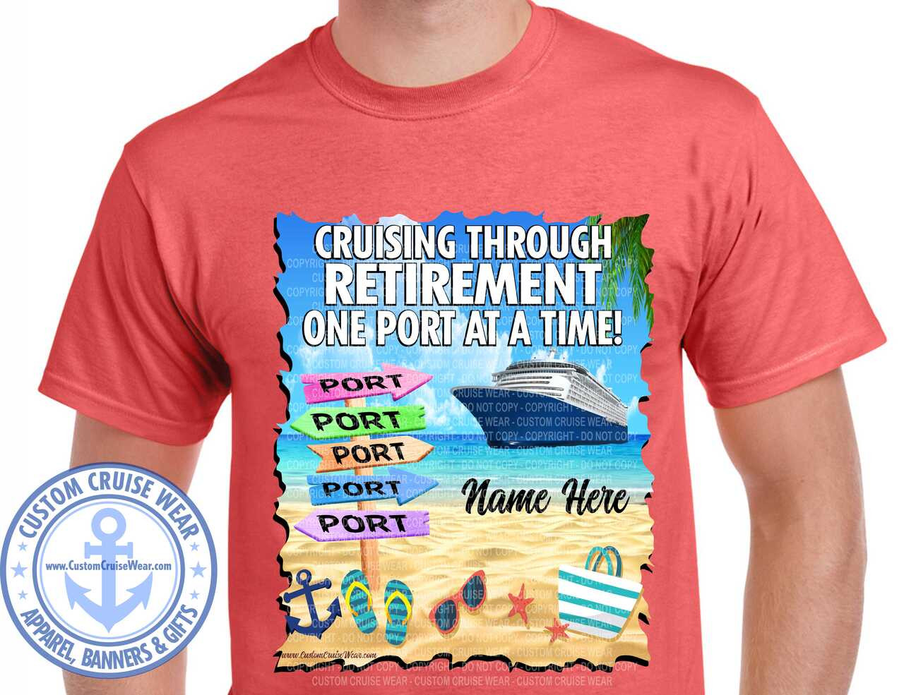 Cruising Through Retirement Beach with Sign Posts - Custom Cruise Wear