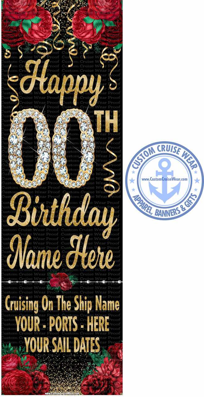 Red Roses Birthday with Diamond Number Gold BANNER - Custom Cruise Wear