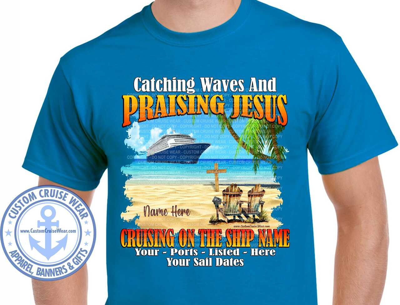 Catching Waves and Praising Jesus Cross with Chairs on Beach Shirt ...
