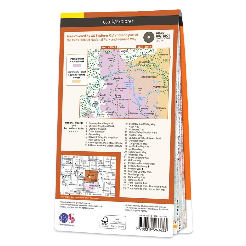 OS Map of The Peak District - Dark Peak Area | Explorer OL1 Map ...