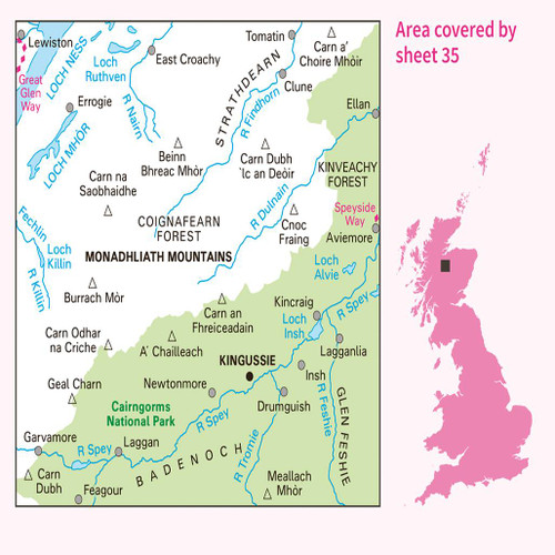 OS Map of Kingussie & Monadhliath Mountains | Landranger 35 Map ...