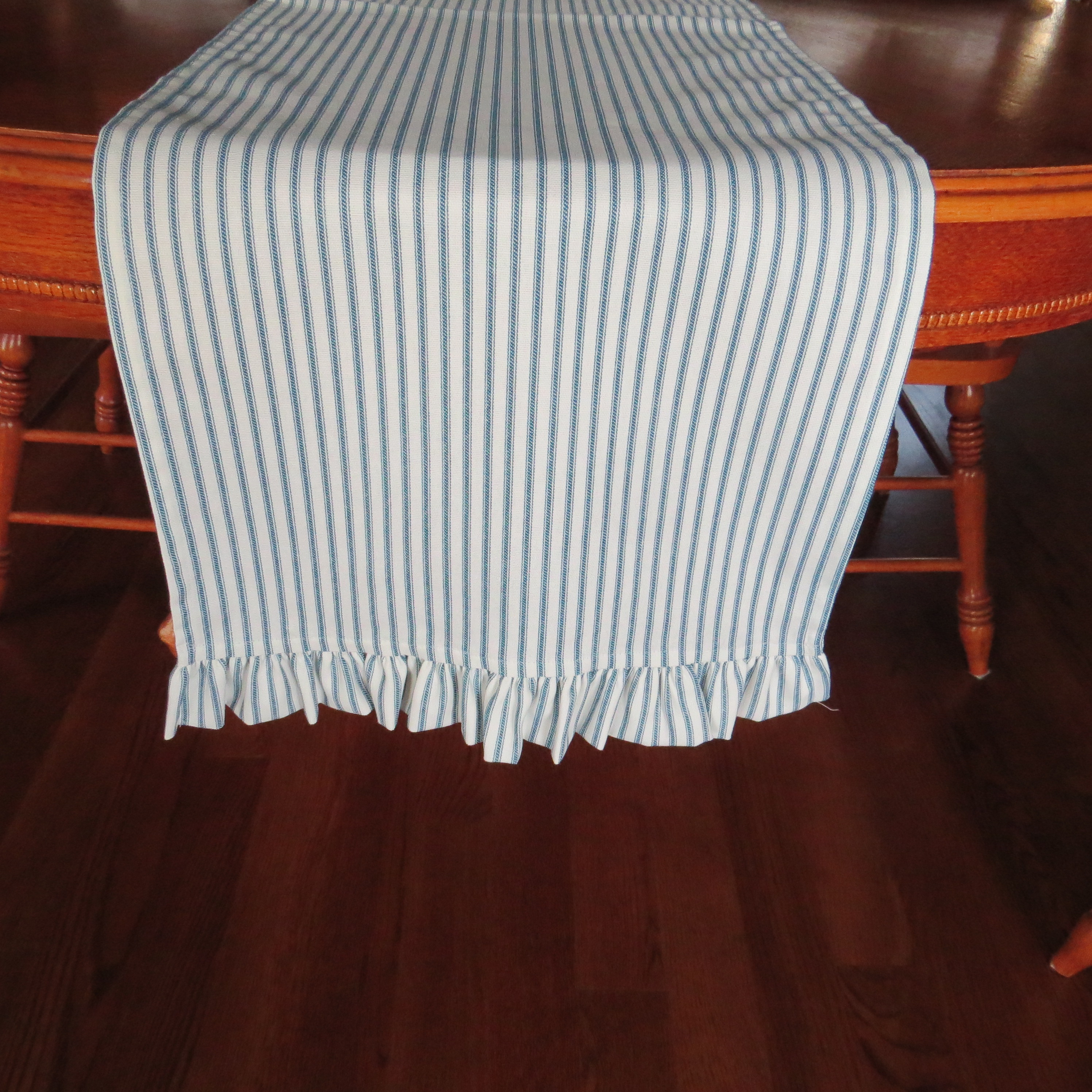 Green Ruffled Ticking Stripe Table Runner | Cozytown Linens