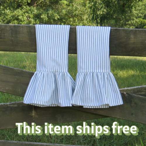 Blue Ruffled Ticking Stripe Towels (Pair) | Cozytown Linens