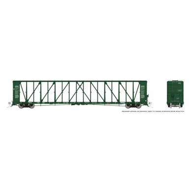 Flatcar, centrebeam, 73' NSC, BCOL, green "BC Rail"