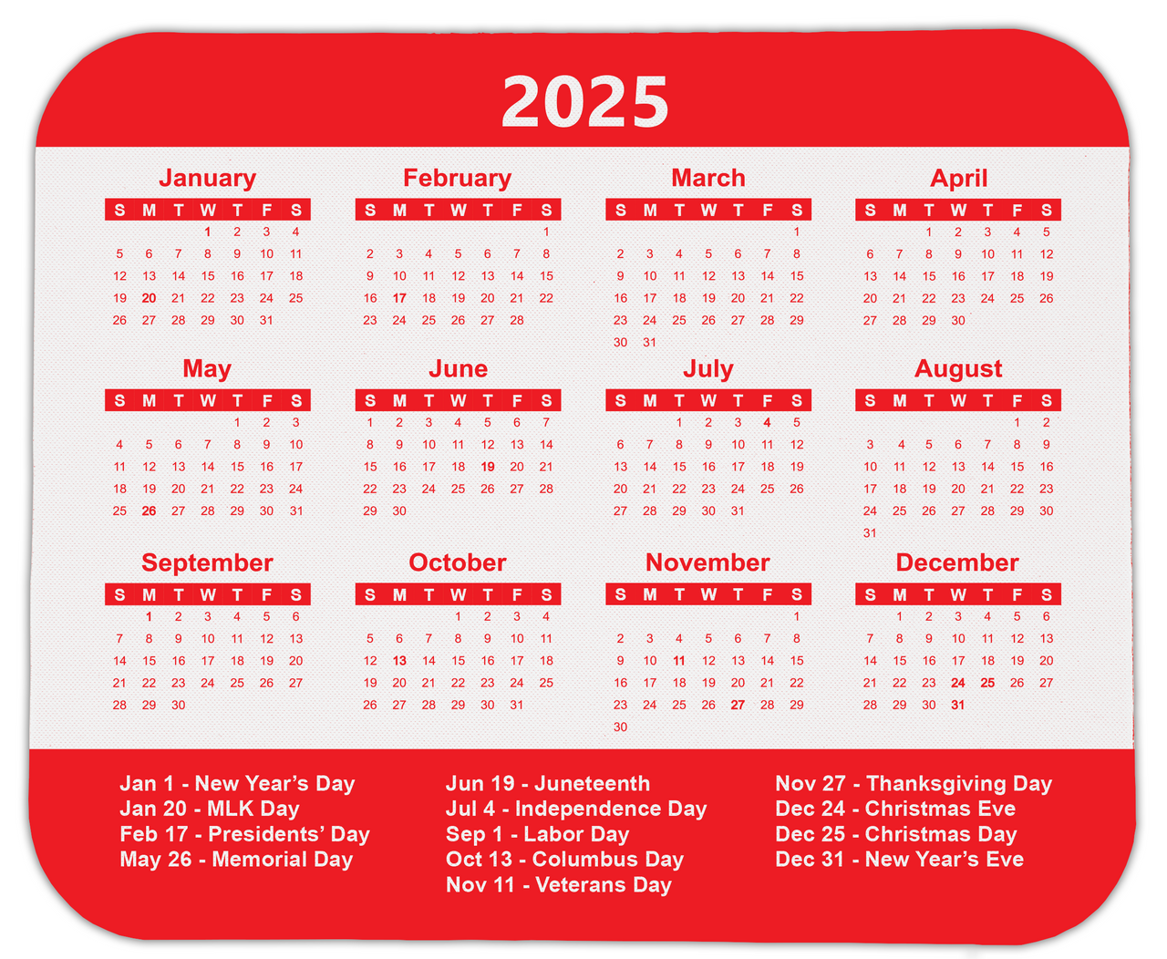 2025 Annual Calendar Mouse Pad