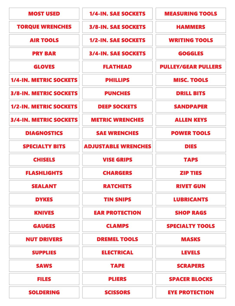 Red Inverted Tool Box Organizational Stickers Ultimate Set