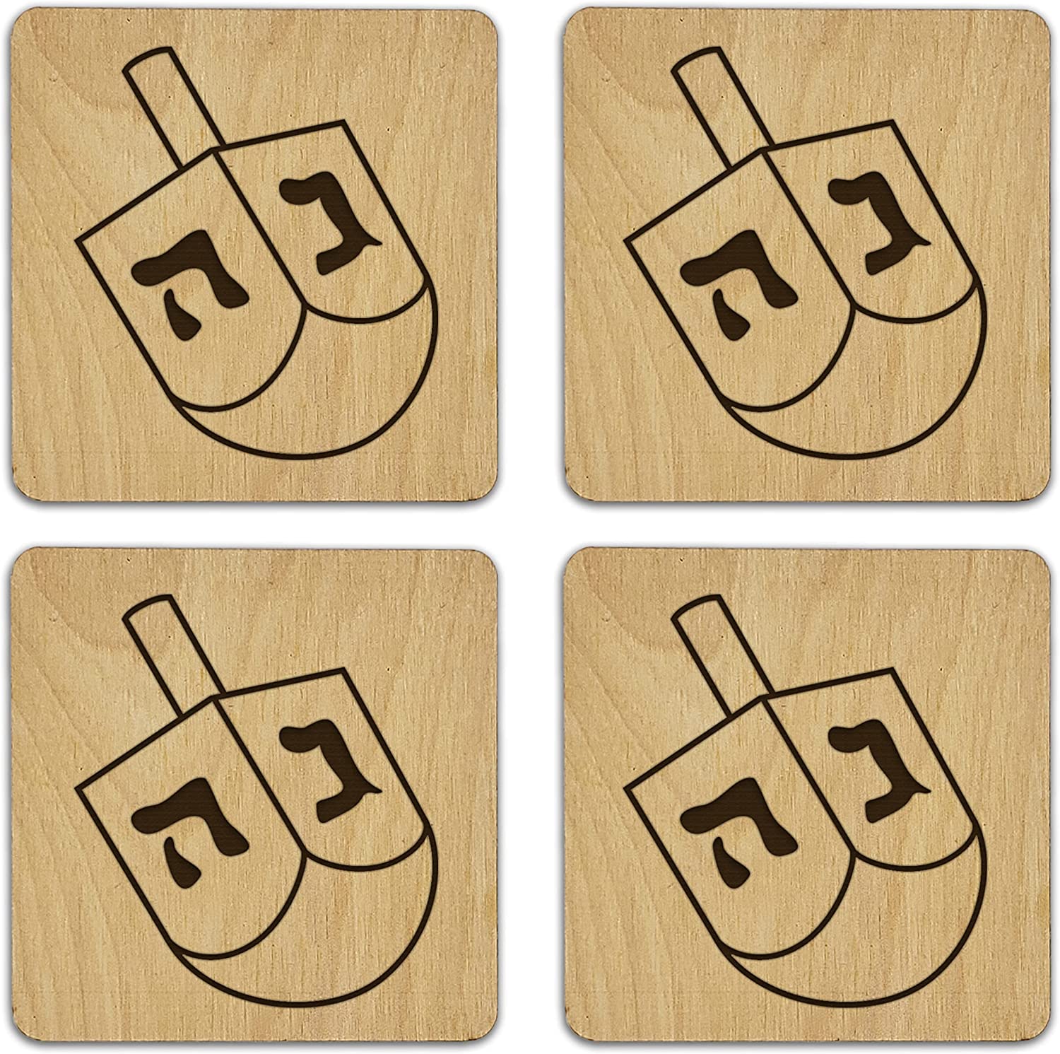 Inverted Etch Dreidel Wooden Etched 4" Drink Coaster by DCM Solutions