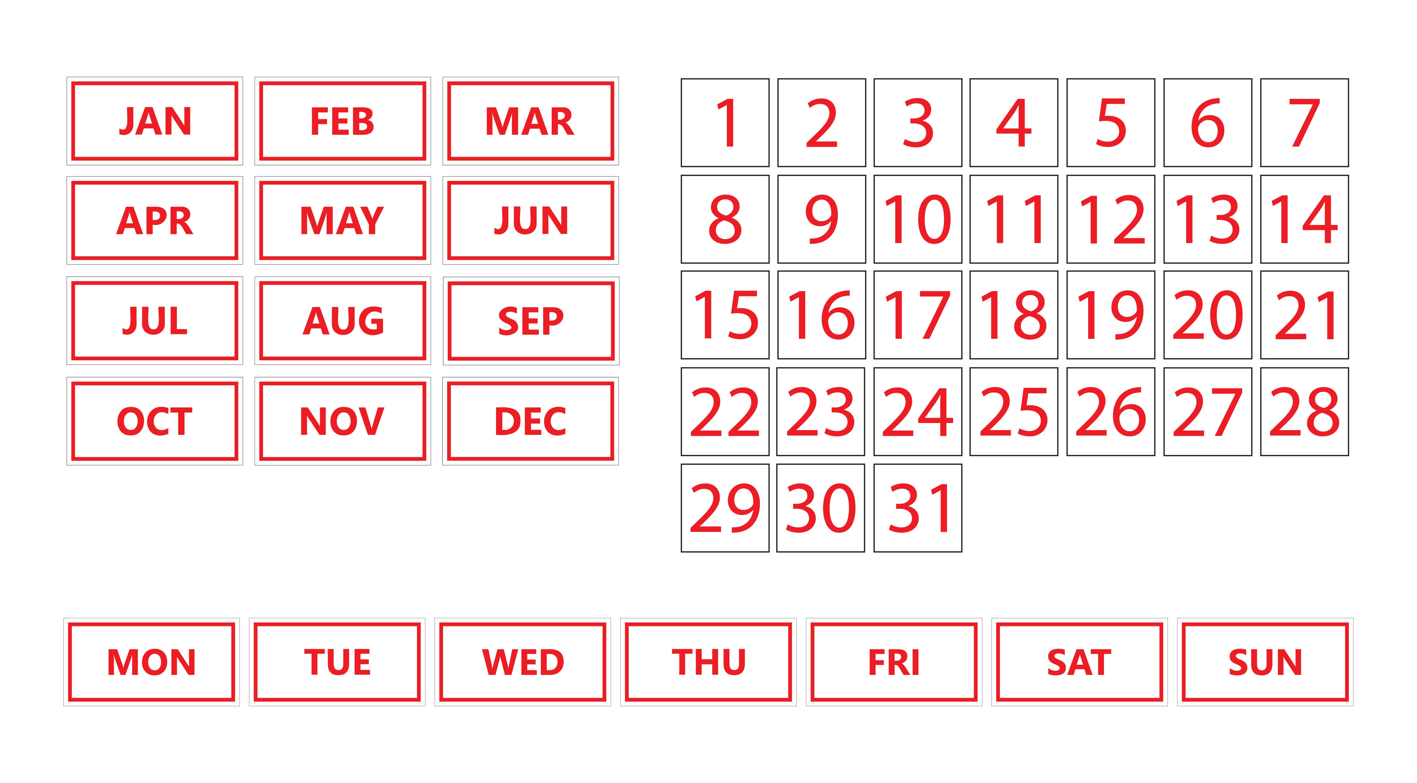 Red Inverted Calendar Magnet Bundle (Days of the Week, Months and Dates)