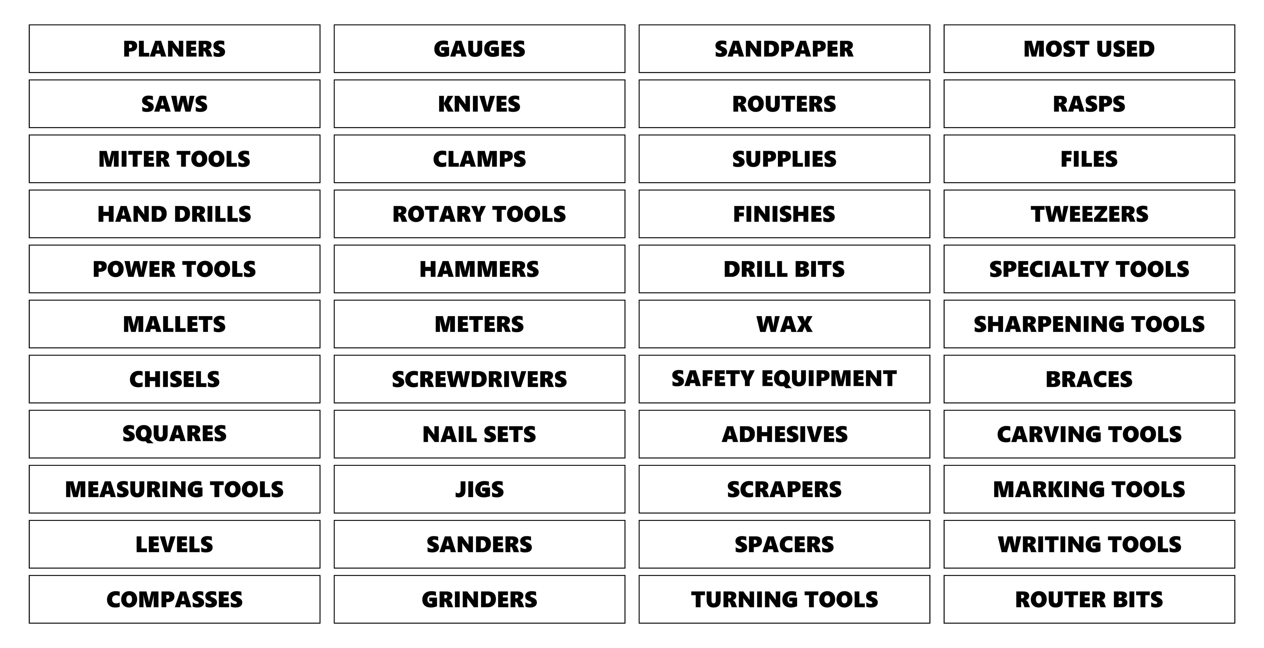 Black Inverted Toolbox Organizational Magnetic Labels Woodworking Set