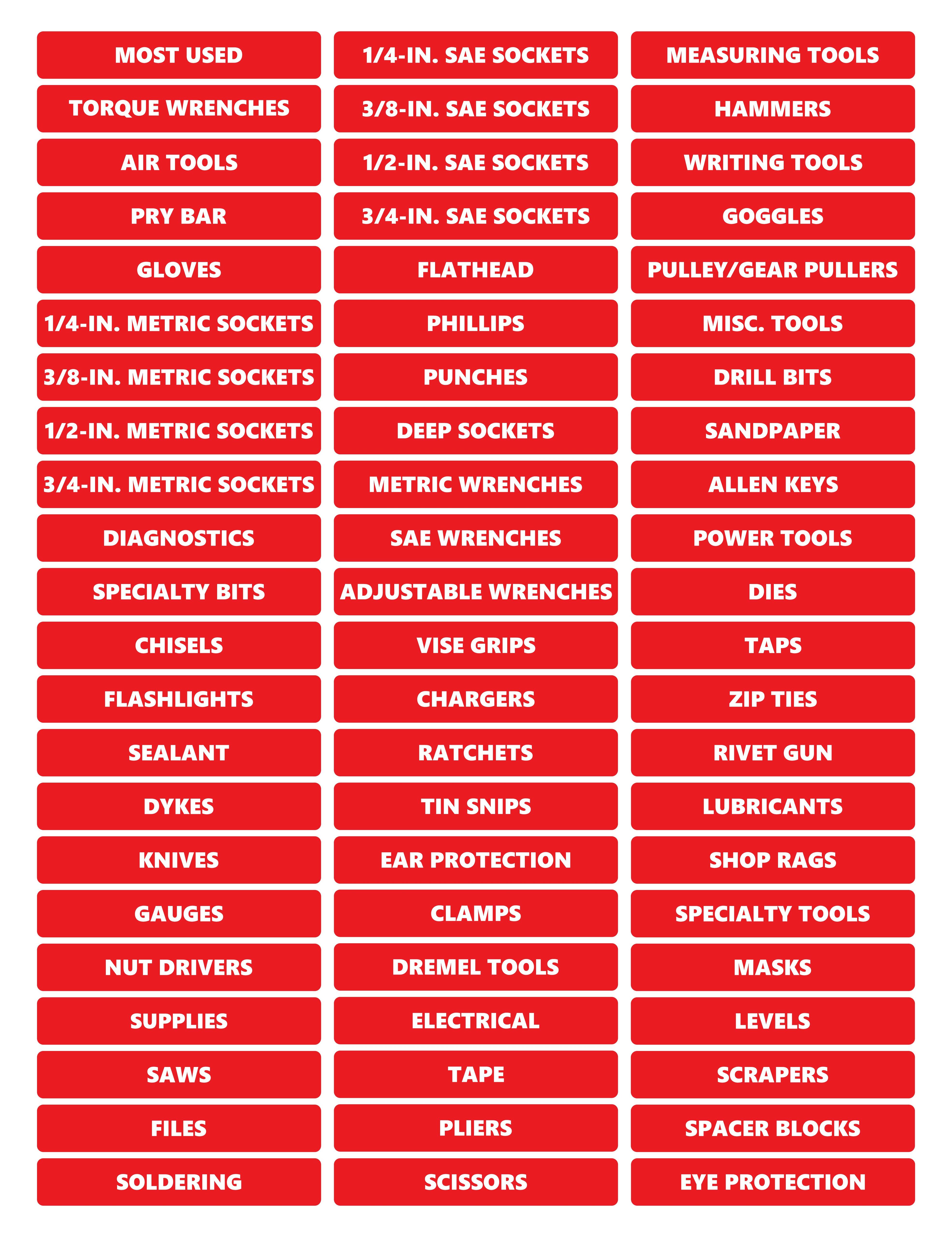 Red Toolbox Organizational Magnetic Rounded Labels Ultimate Set