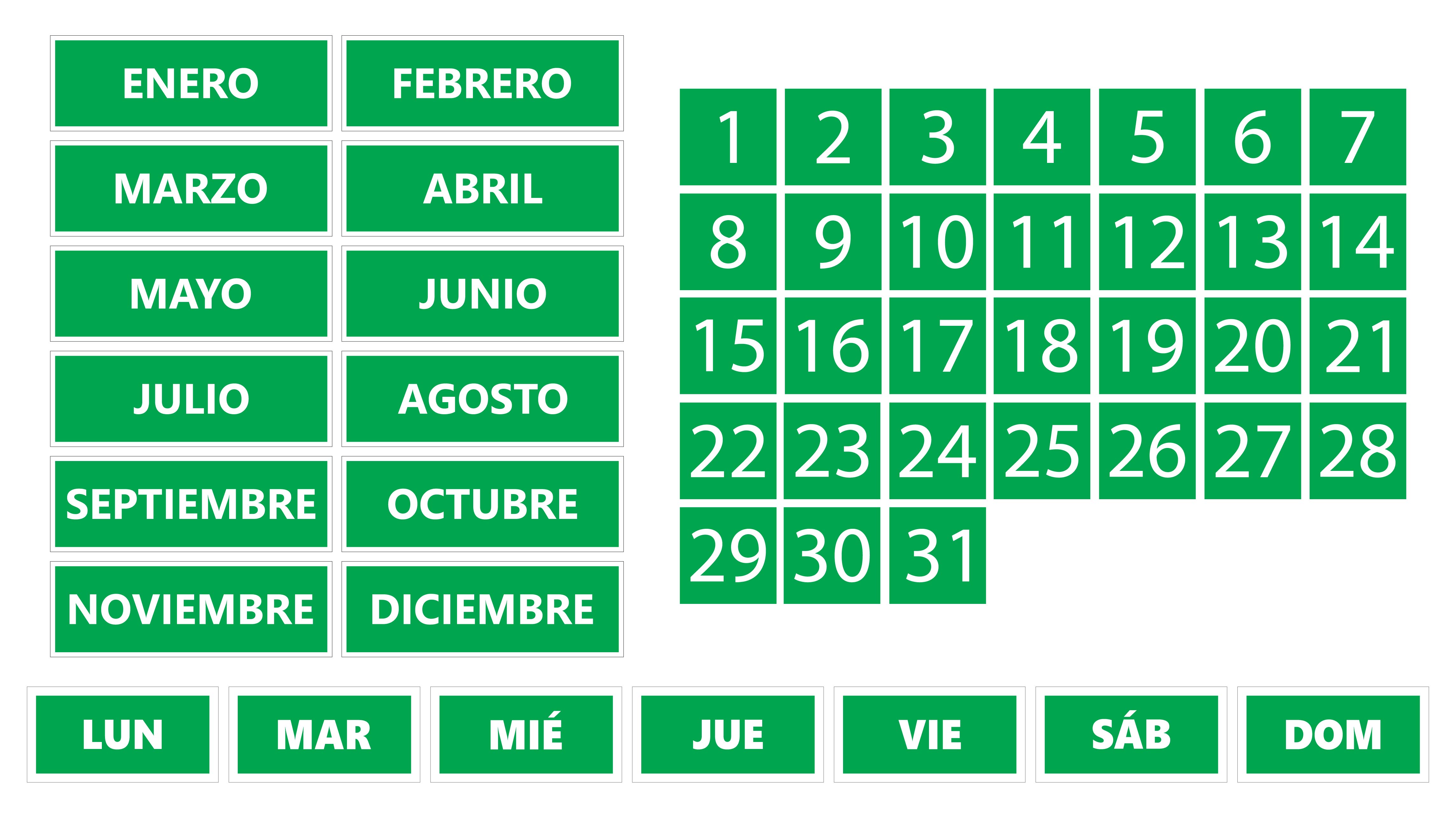 Green Whiteboard Calendar Magnet Non-Abbreviated Spanish Bundle (Dates ...