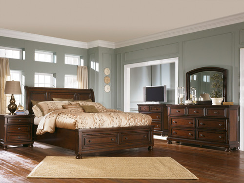Porter Rustic Brown 7 Pc. Dresser Mirror Media Chest King Sleigh Bed Nightstand